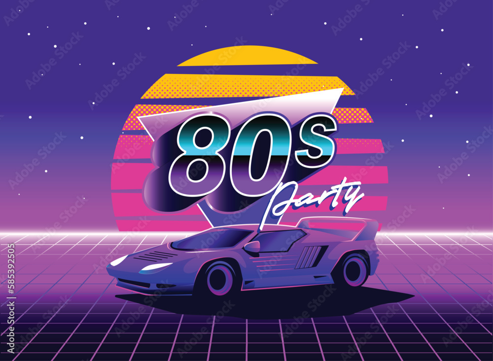 Retro 80s sci-fi futuristic style background with supercar. Vector retro futuristic synth wave ...