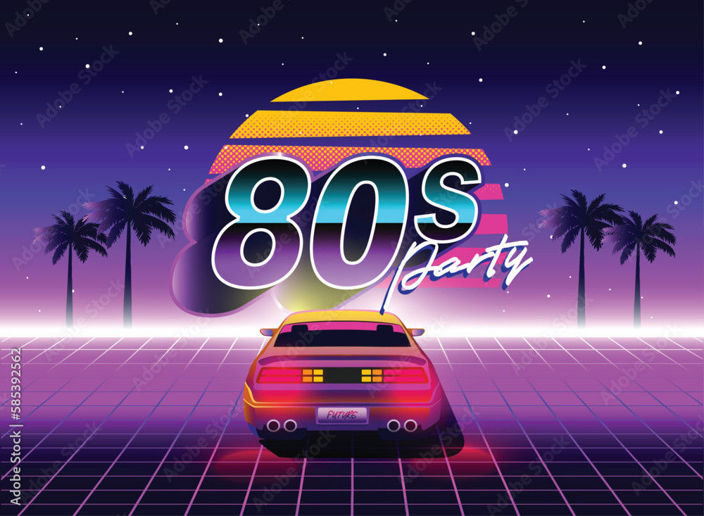 Retro 80s sci-fi futuristic style background with supercar. Vector retro futuristic synth wave ...