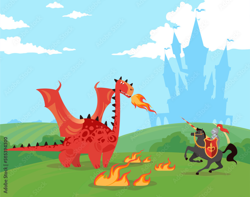 Knight Rider fights huge dragon near castle of ancient kingdom. Warrior ...