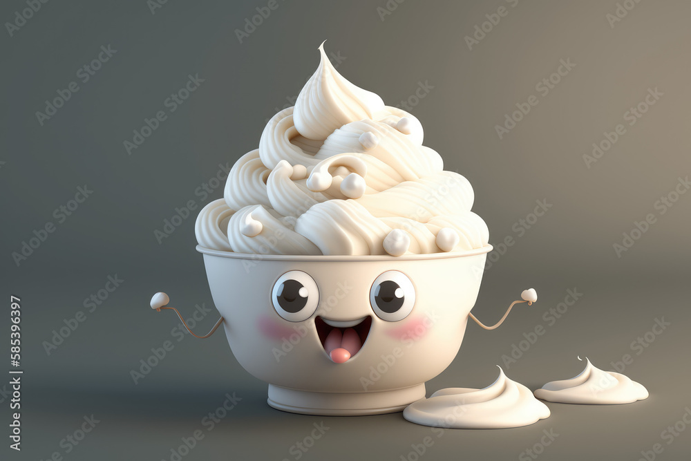 Cute whipped cream kawaii character in vase. White creamy ice cream kid ...