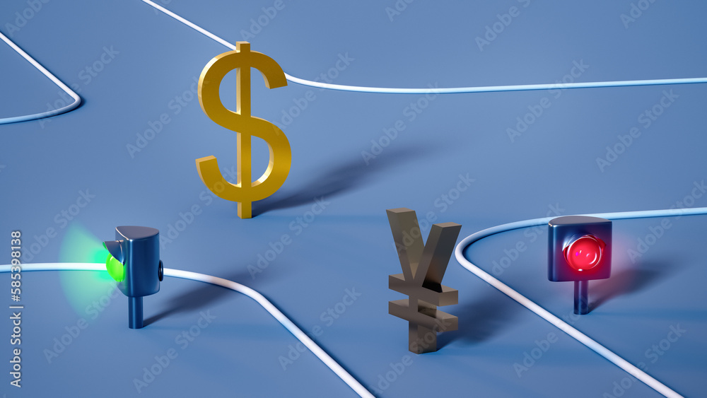 Gold-plated dollar symbol is walking down the road at a green traffic ...