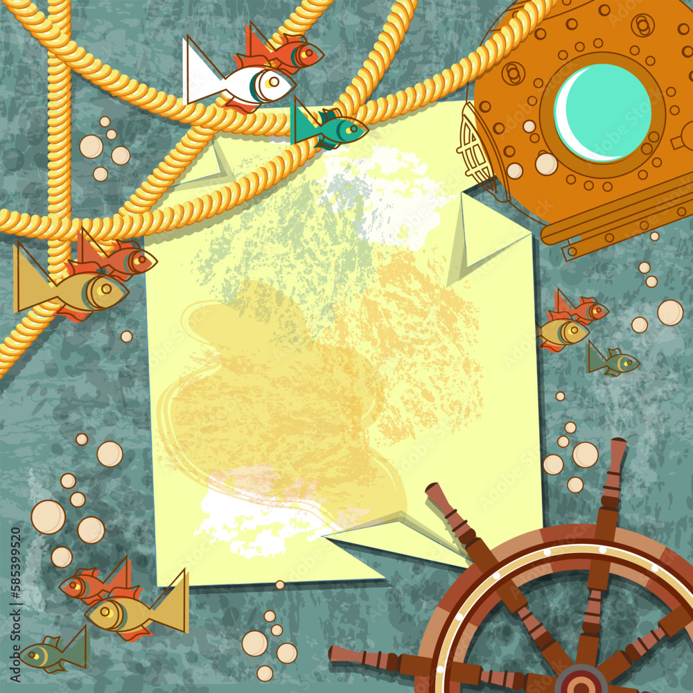 Decorative background on the marine theme. Ship steering wheel, fish ...