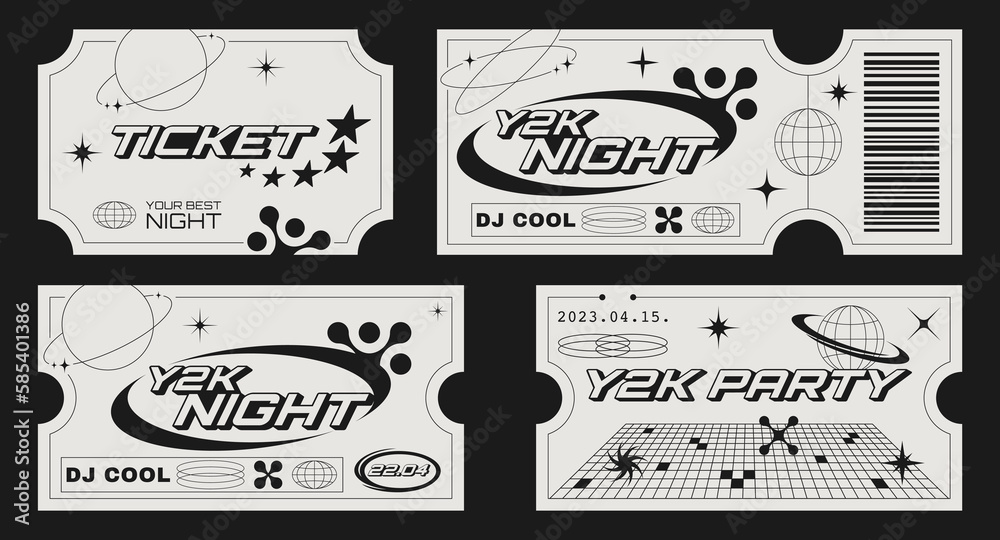 Retro party tickets template with futuristic elements. Y2k aesthetic ...