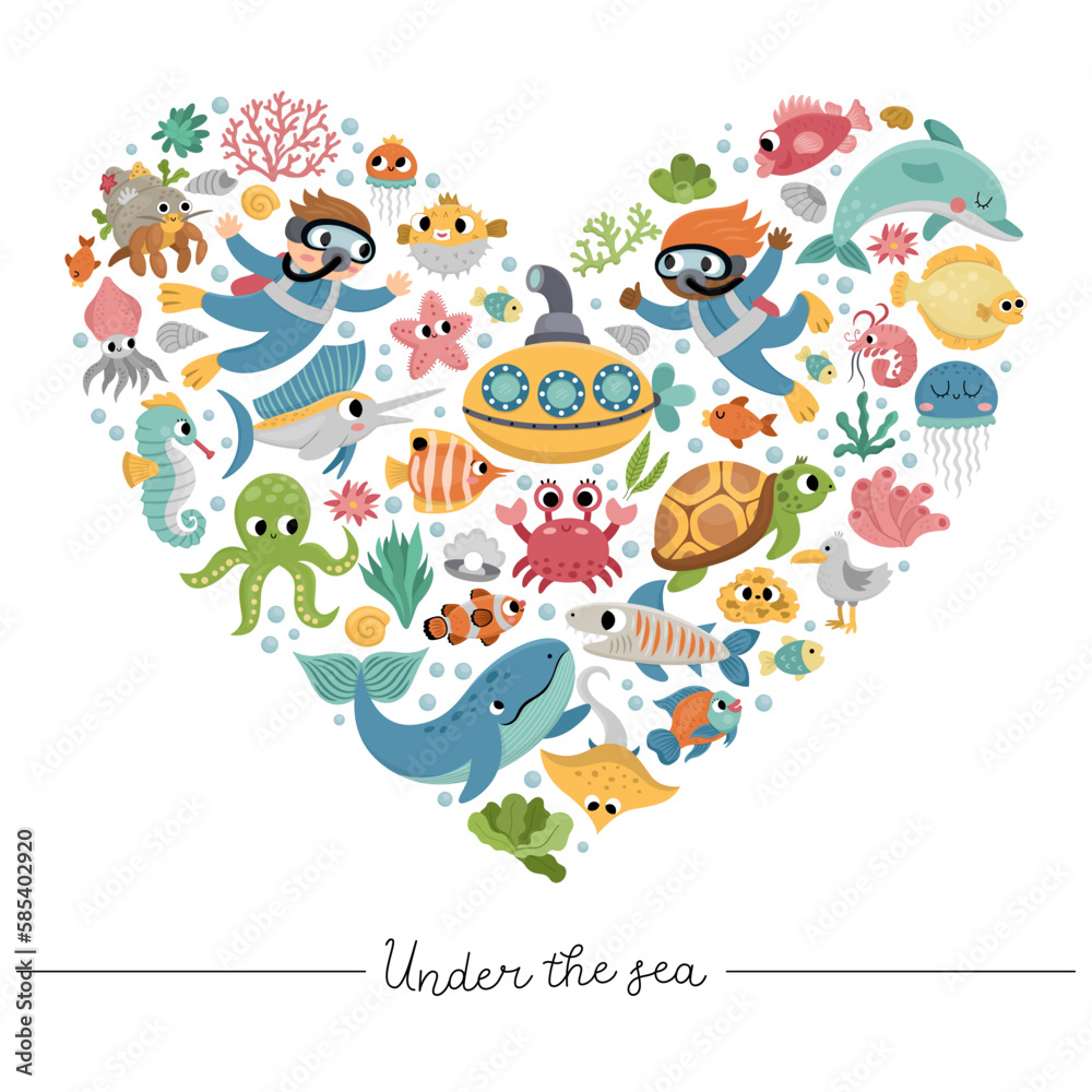 Vector under the sea heart shaped frame with divers, submarine, animals ...