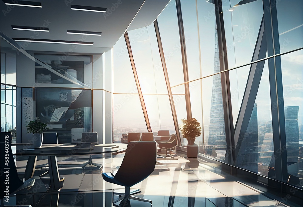 A futuristic, all-glass office tower, with an open, airy interior and ...