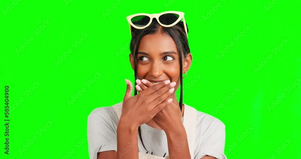 Surprise, woman portrait and green screen in a studio with wow and omg ...