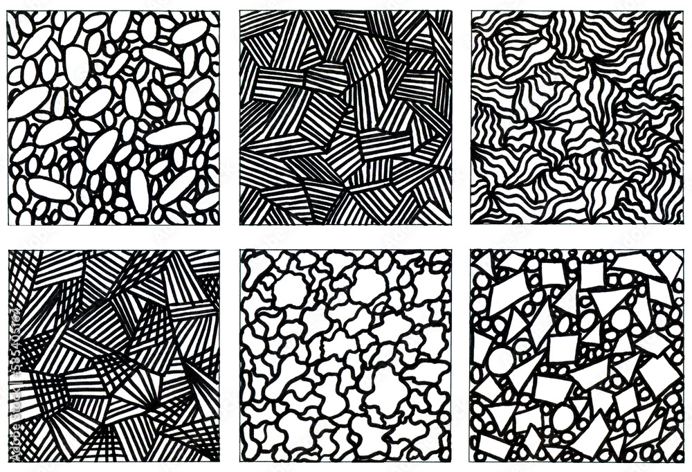 Straight and wavy lines, geometric shapes create mesh patterns on a ...