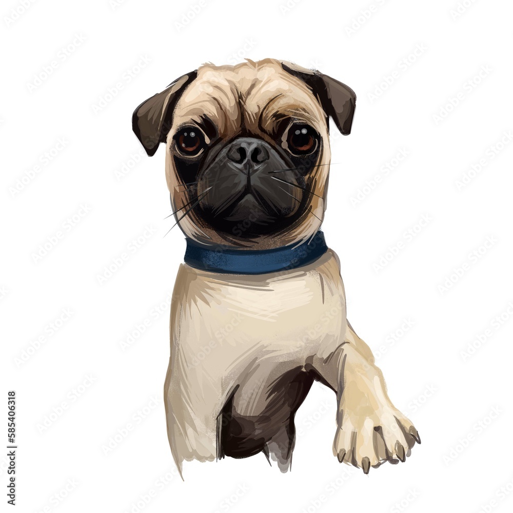 Pug dog portrait isolated on white. Digital art illustration of hand ...