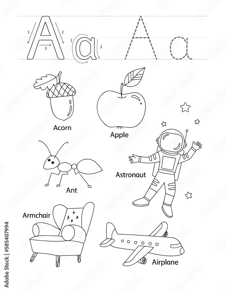 Fototapeta Alphabet letter A tracing with coloring objects, ABC ...