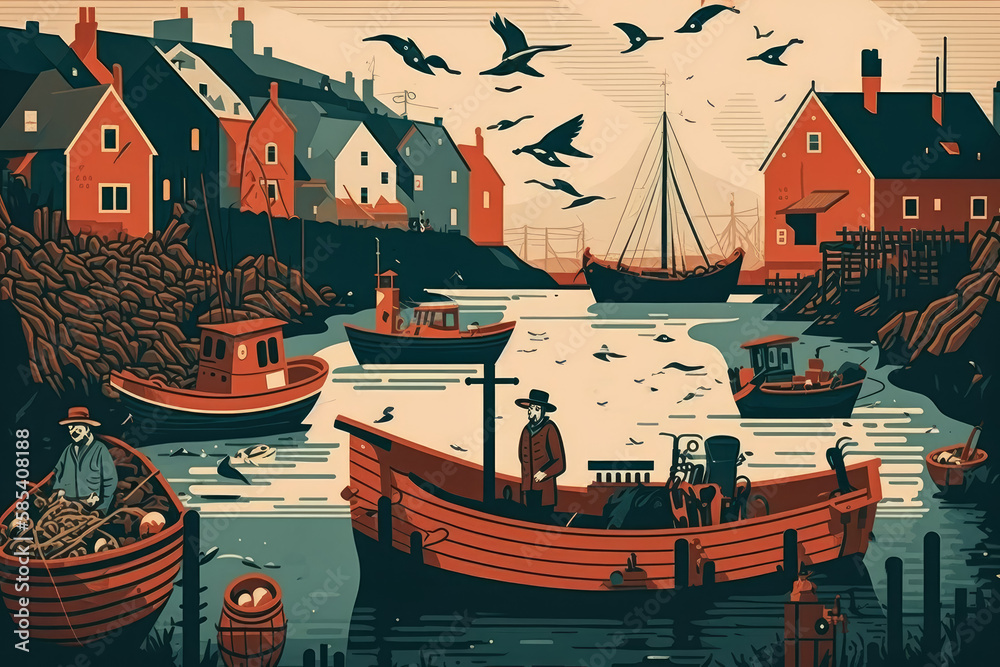 Fisherman's Village vector style Illustration of a Coastal Community ...