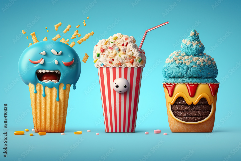 Cartoon smiling, crazy unhealthy and junk food splash, Assortment take ...