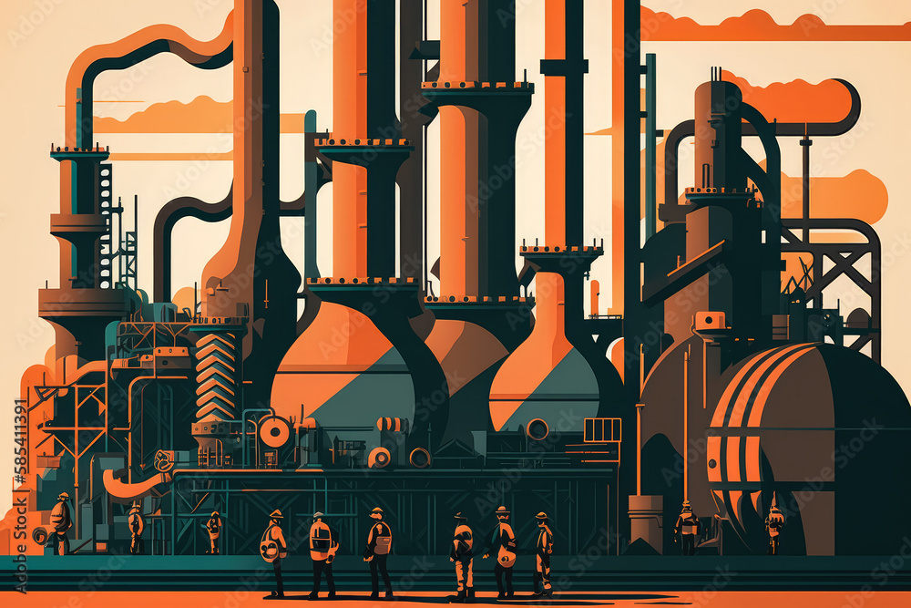 Oil Refinery Complex with Workers and Heavy Machinery, generative ai ...