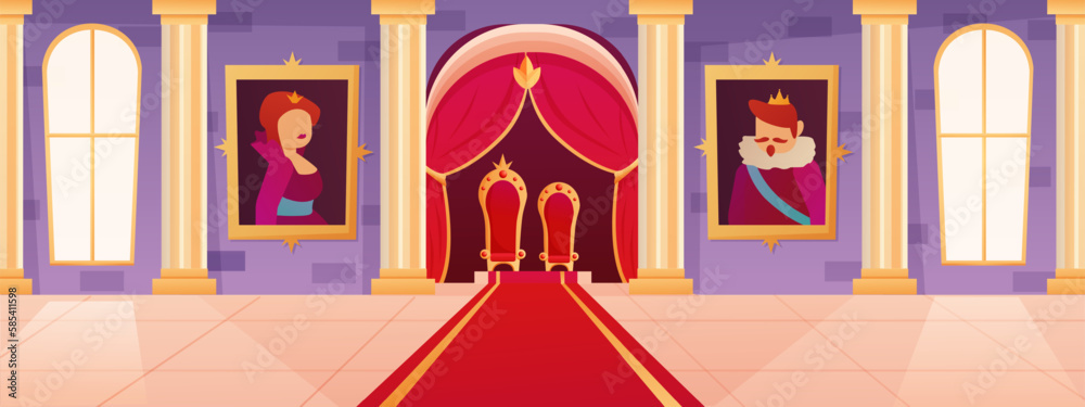 King royal interior. Family castle. Two thrones. Monarch portraits ...