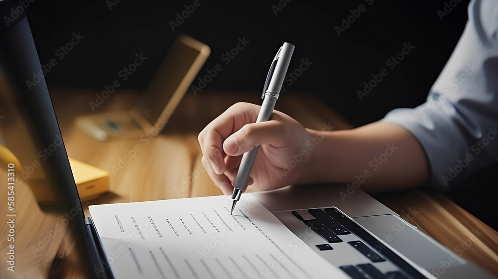 Person writing on a notebook. Businessman using laptop doing online ...