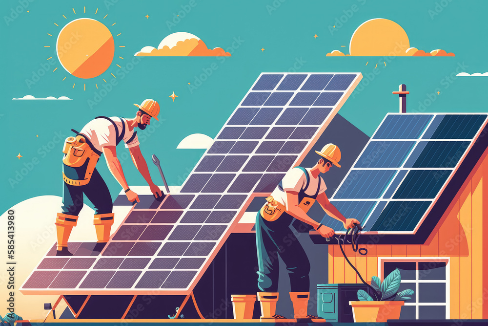vector style illustration of a detailed rooftop solar panel ...