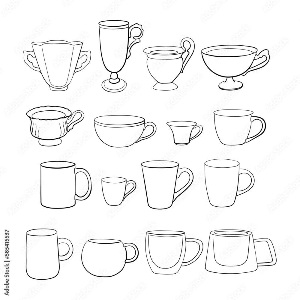 A set of cups. Vintage and modern cups. Cups of different shapes ...
