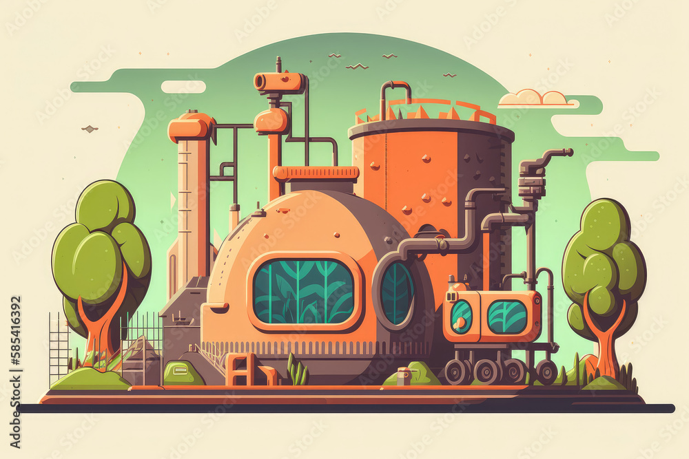 cartoon-style vector style illustration of a wastewater treatment plant ...