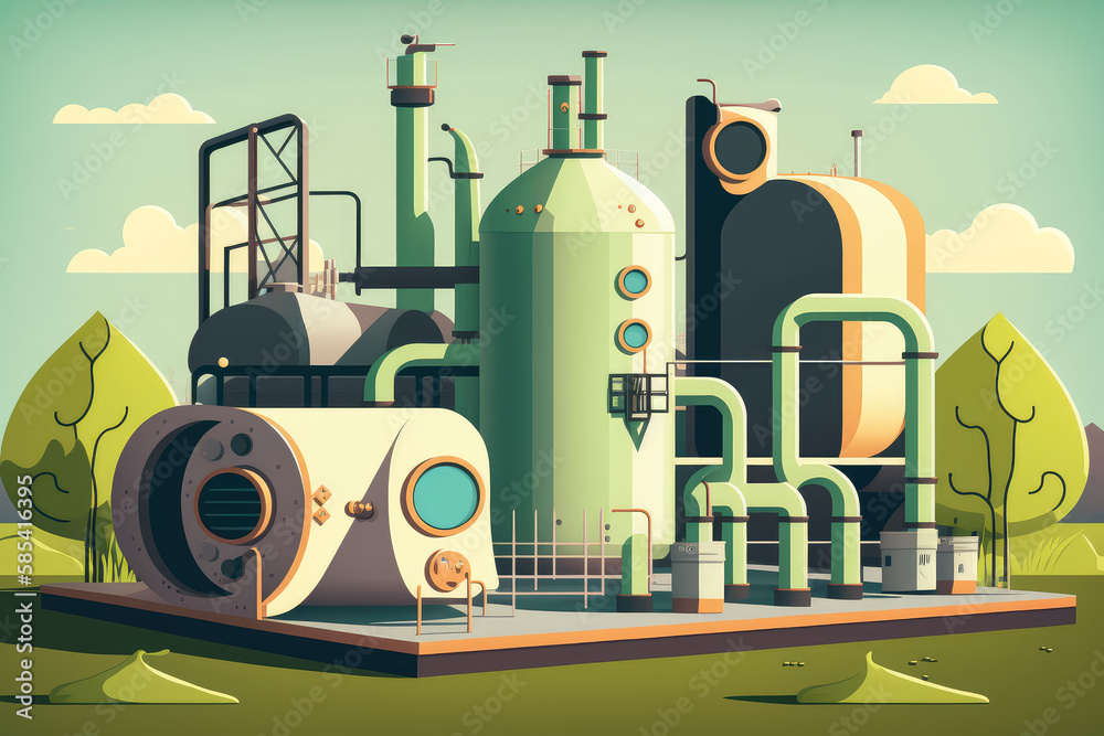 cartoon-style vector style illustration of a wastewater treatment plant ...