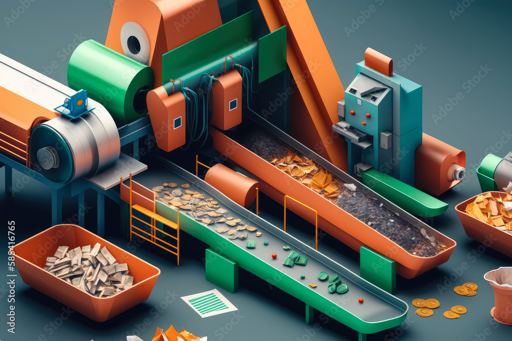 Colorful modern recycling center with sorting machines and conveyor belts, showing the process ...