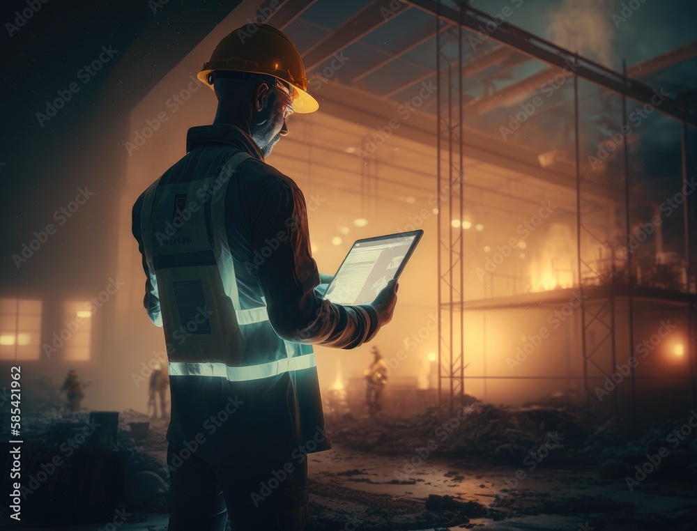 Building inspector. Man in a hard hat and a yellow reflective vest ...