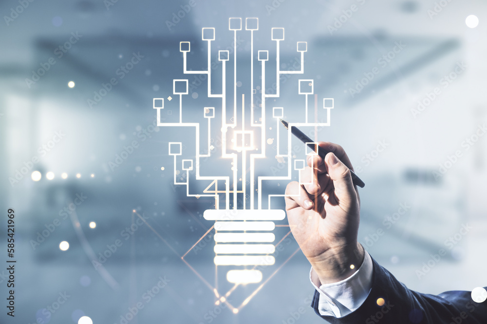 Man hand with pen working with virtual creative idea concept with light ...