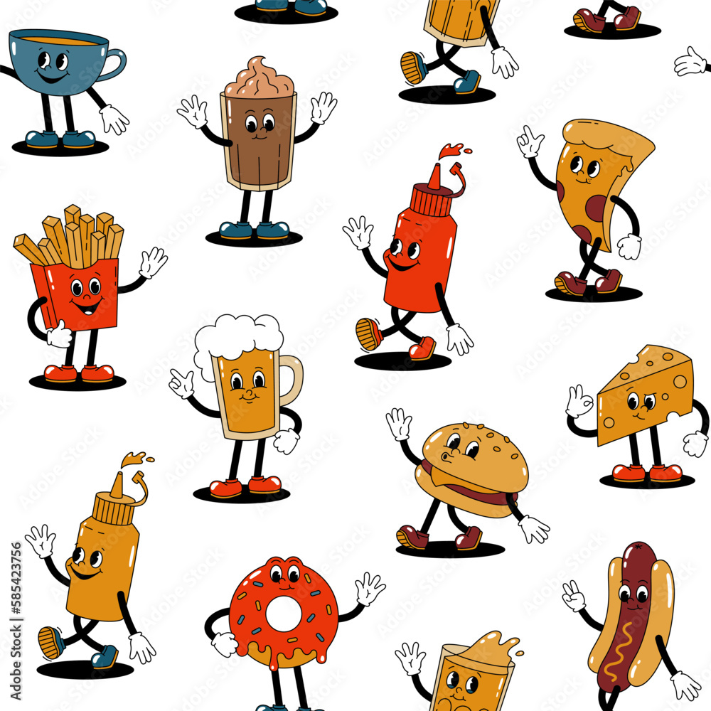 Vector seamless pattern with cartoon retro mascots colored ...