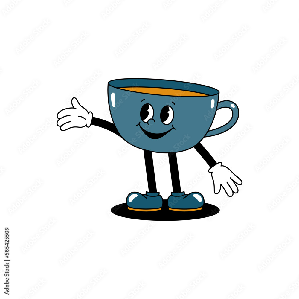 Vector cartoon retro mascot color illustration of a walking cup of tea ...