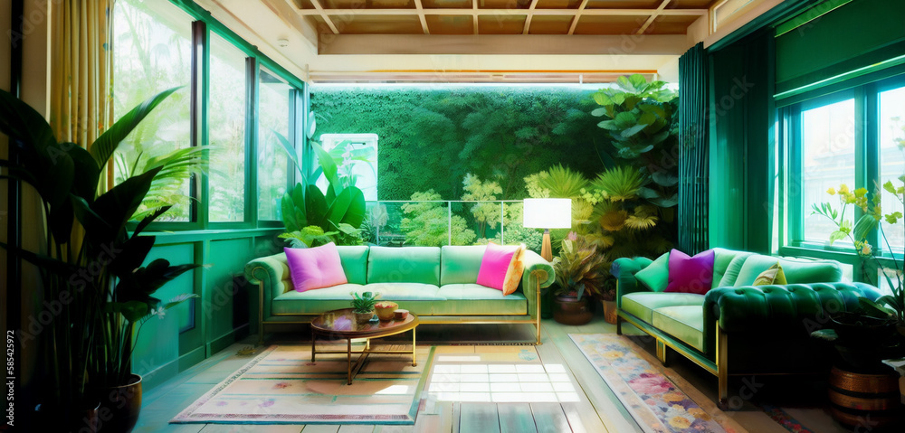 Maximalist Interior Design of This Green Solarpunk Living Room Is ...