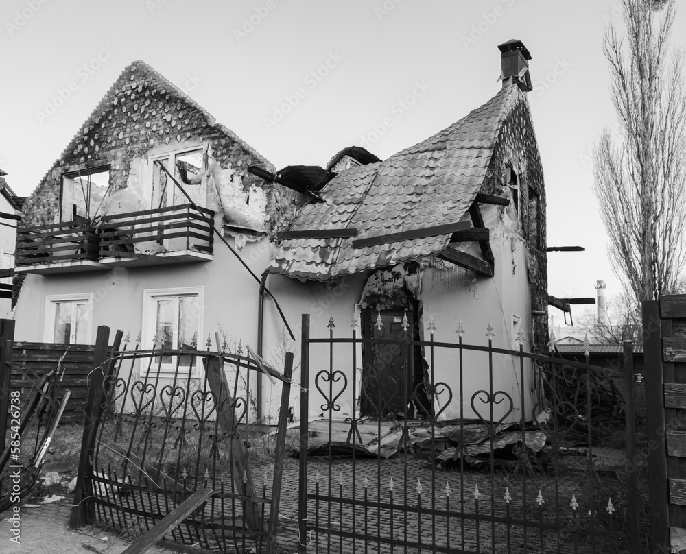 Destroyed building after russian invasion, Ukraine. Ruined facade of ...
