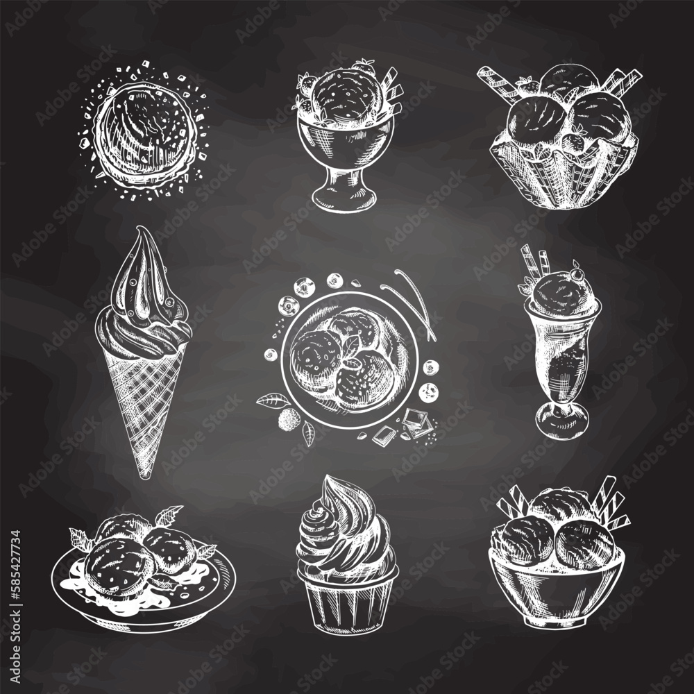A hand-drawn sketch of ice cream or frozen yoghurt in cups and cones ...