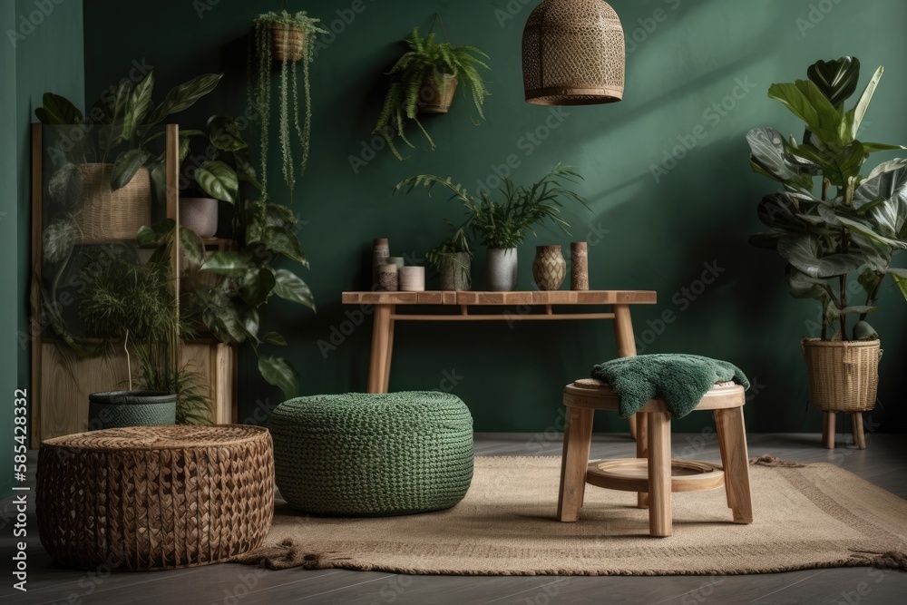 Wooden stool with plant in green natural living room with light and rug ...