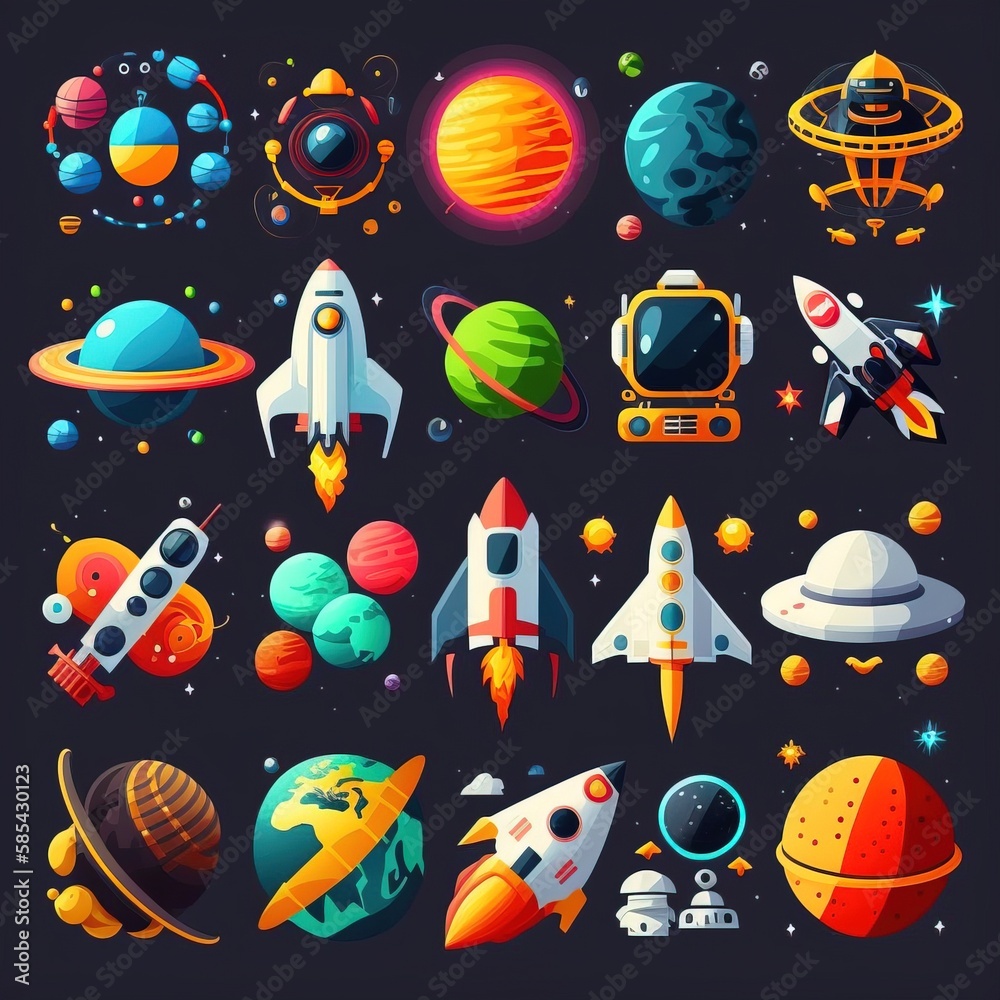 Vector flat illustration. planets, the sun, comet, meteorite, rocket ...