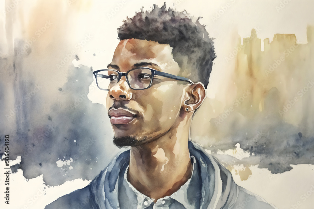 watercolor portrait of poc man wearing glasses, made with generative ai ...