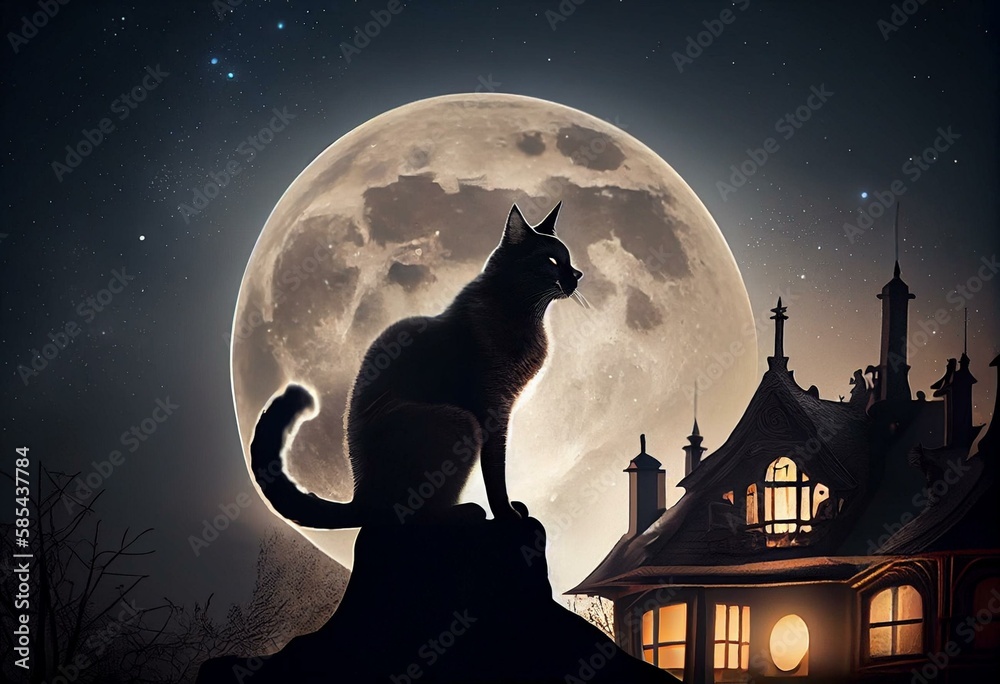Black cat on roof and full moon. Scary halloween design layout for ...