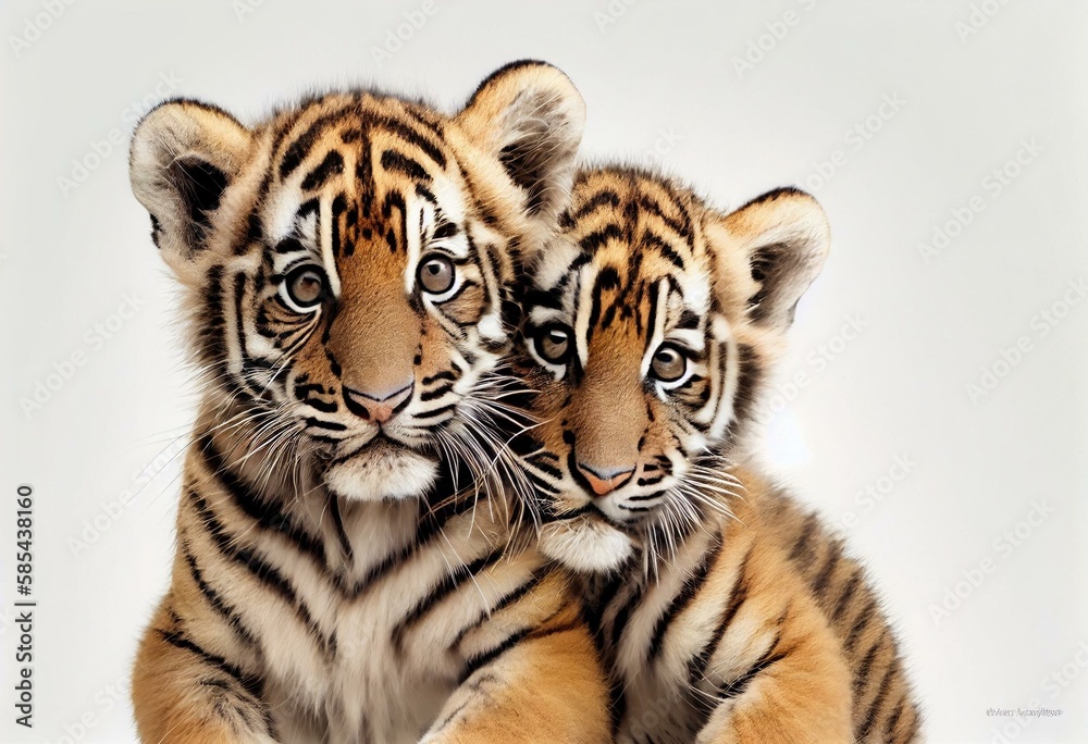 two baby tiger cubs cuddle together on a white background in front of a ...