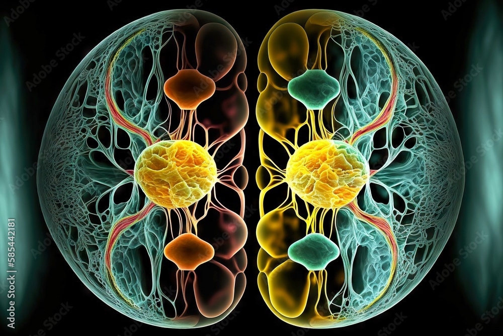 Process of cell division with formation of two nuclei in yellow green ...