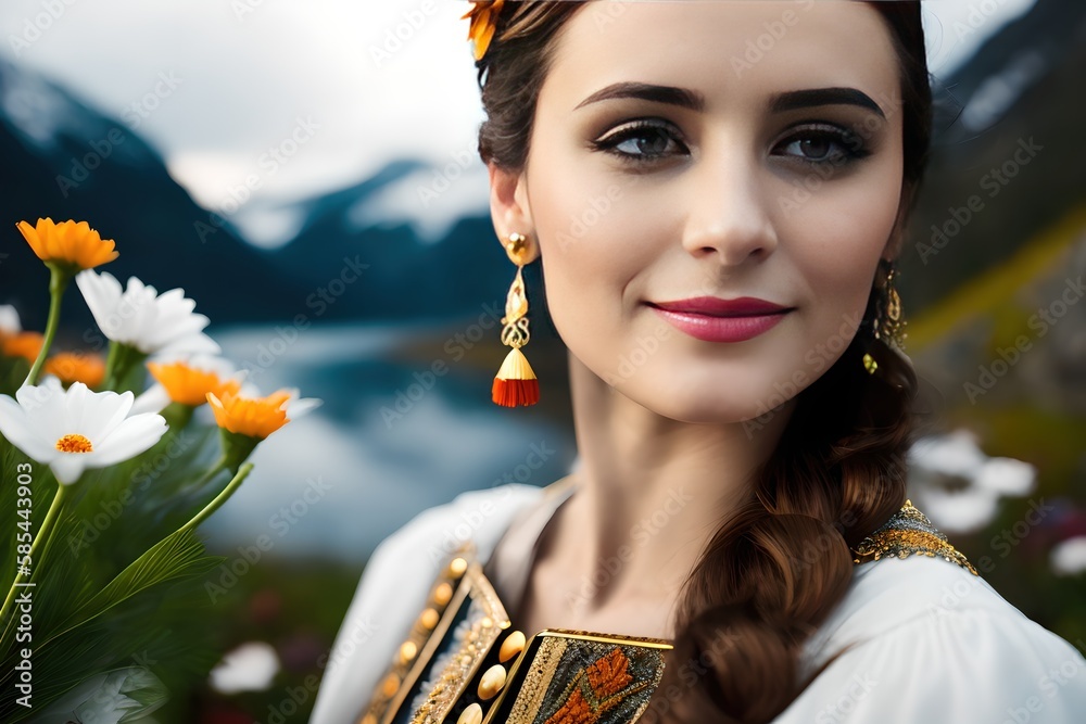 Portrait of a beautiful young happy scandinavian woman in the national ...