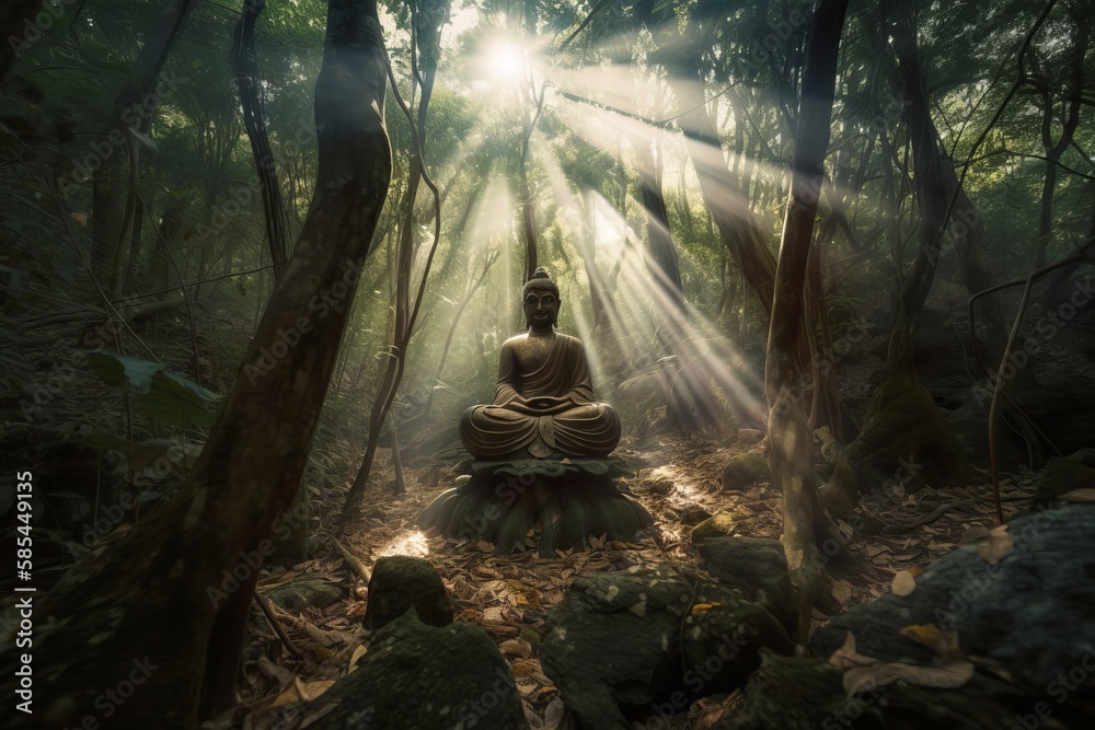 Buddha in the forest with brilliant light like Jesus shape behind him ...