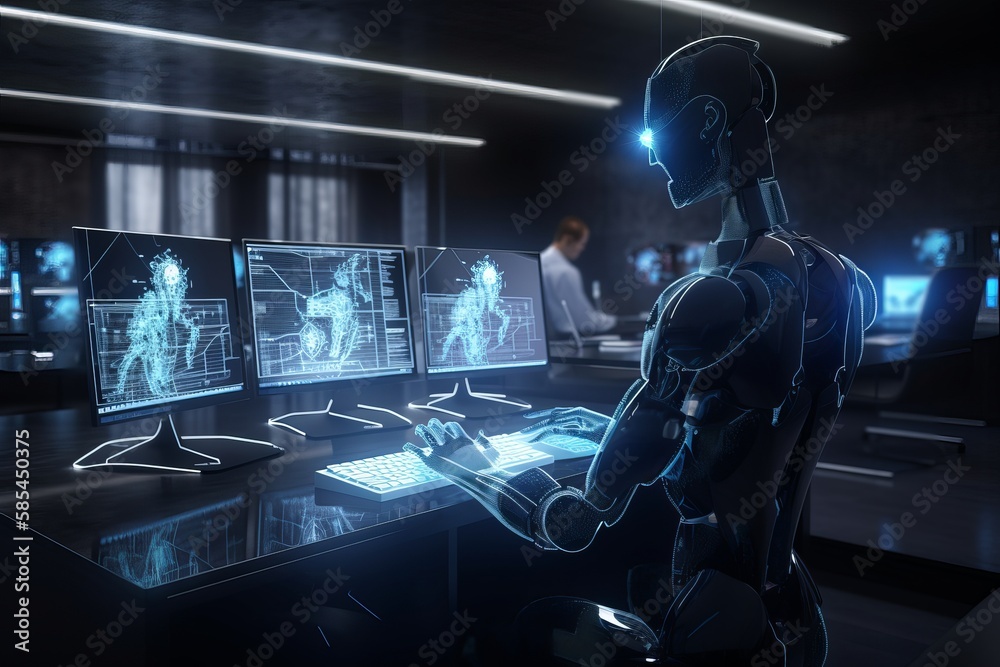 Very detailed 3d picture Ai Chatbots working and chatting in computer. AI generation Stock ...