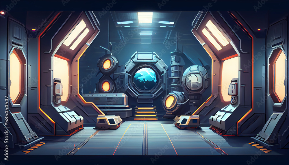 futuristic space station 2D background environment for a mobile game. A ...