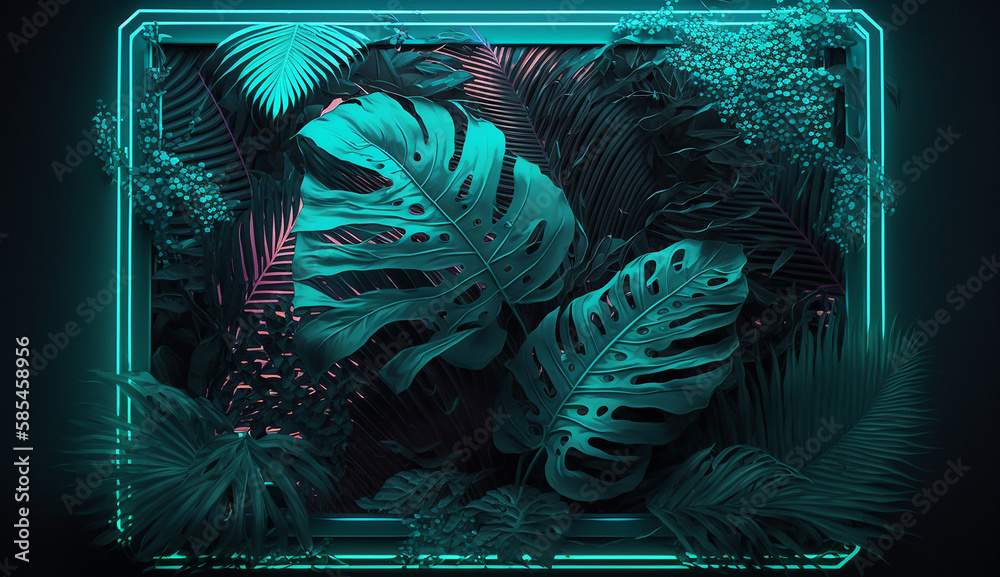 glowing neon teal square shape surrounded by tropical palm fronds and ...