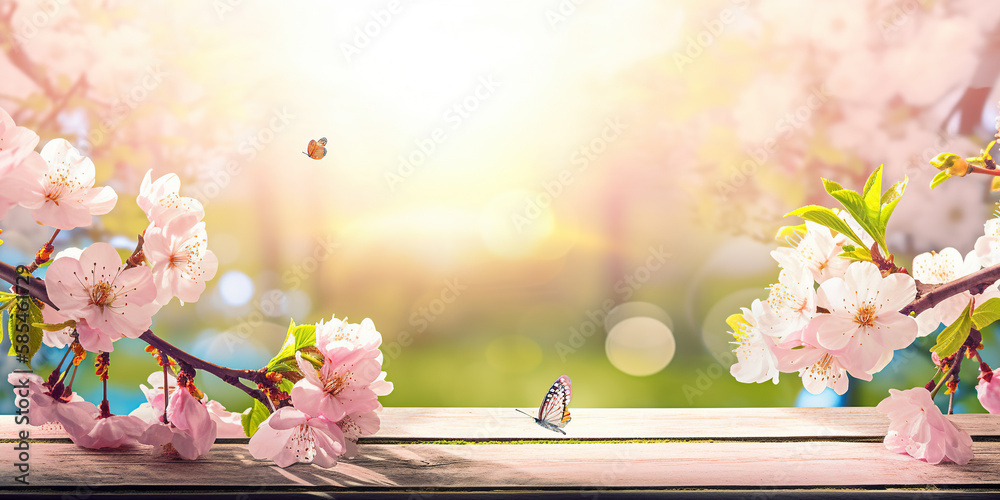 Spring background with empty wooden table. Natural template for product ...
