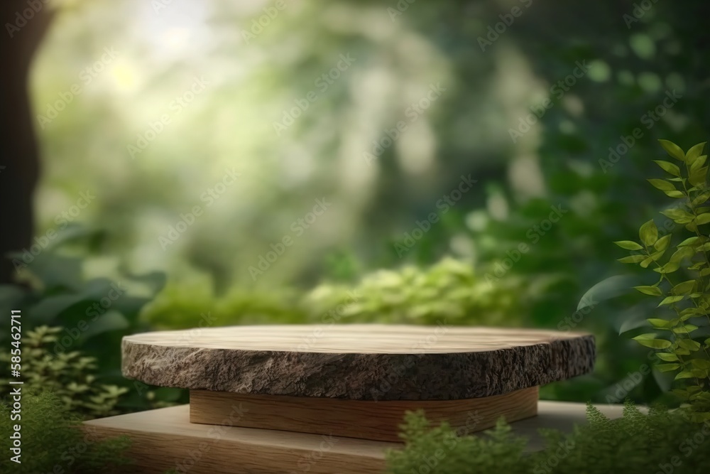 empty wooden tabletop podium in garden open forest, blurred green ...