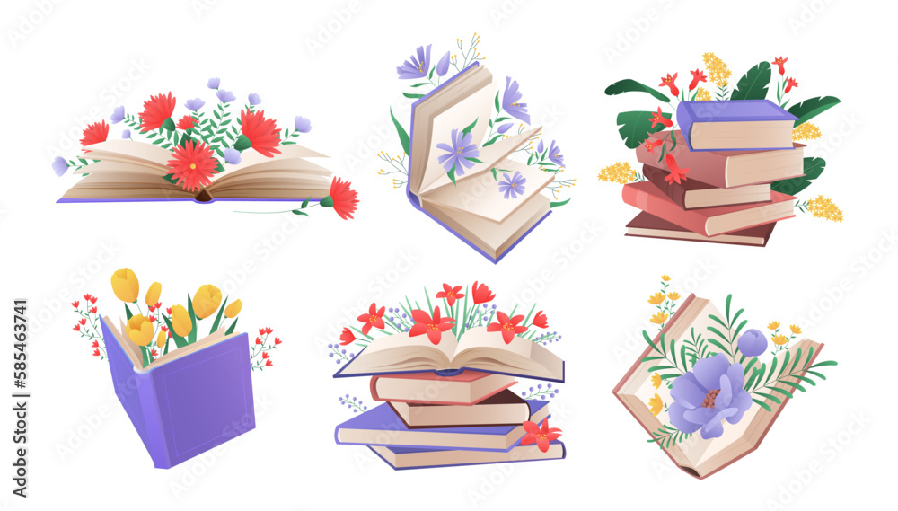 Books with spring and summer flowers set vector illustration. Cartoon ...
