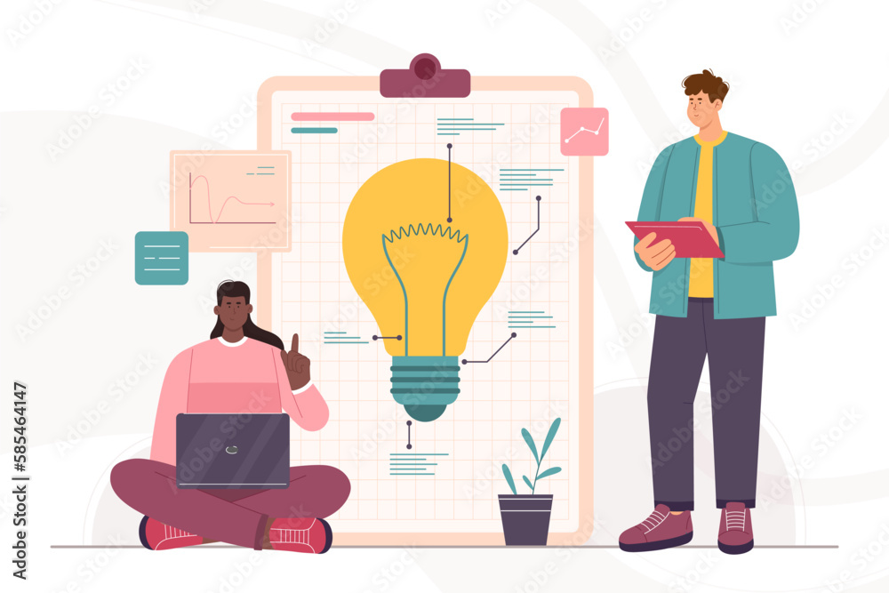 People work with light bulb diagram of innovation project vector ...