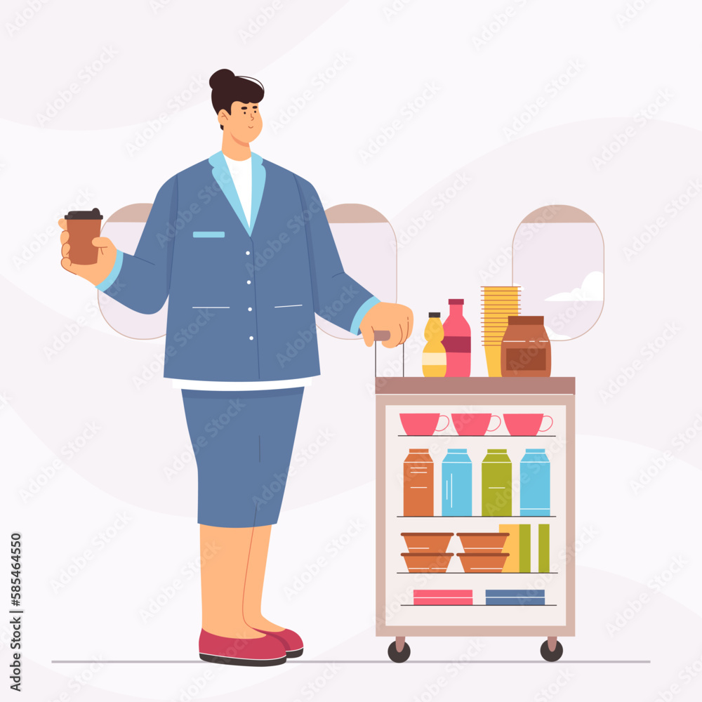 Flight attendant serving drinks to passengers of plane vector ...