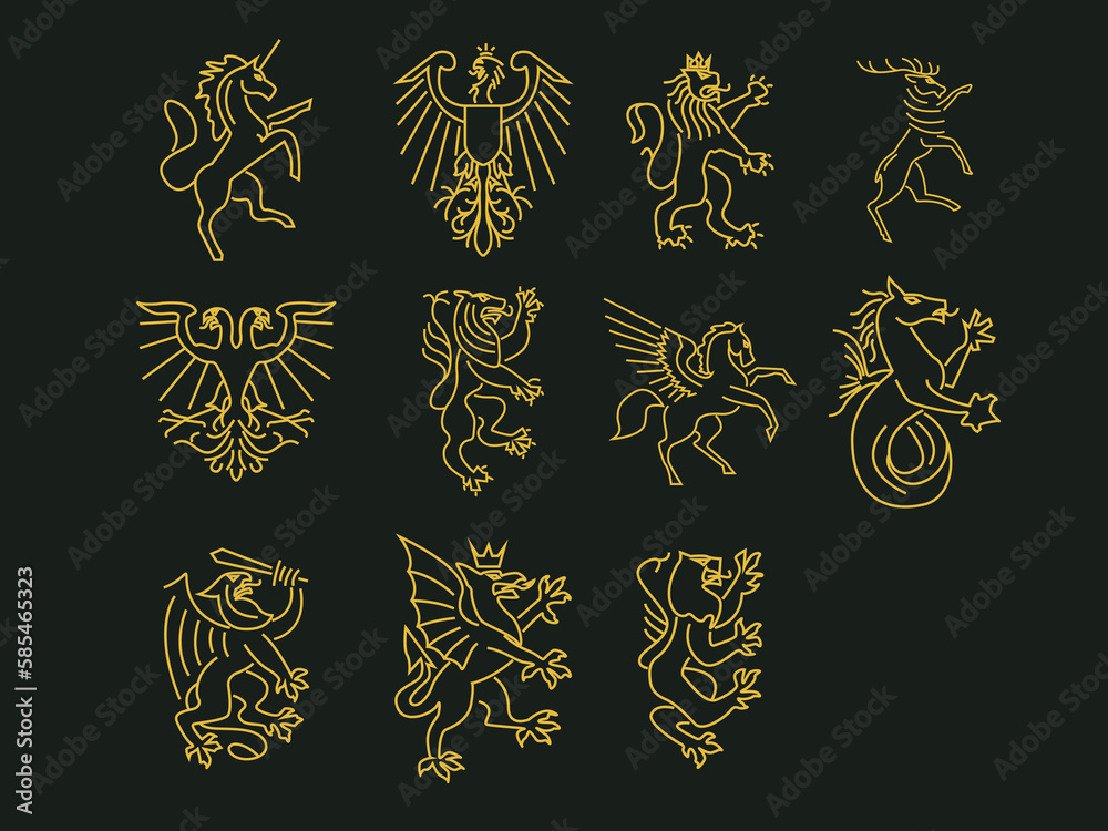 Heraldic mythical animals and creatures. Traditional character styles ...