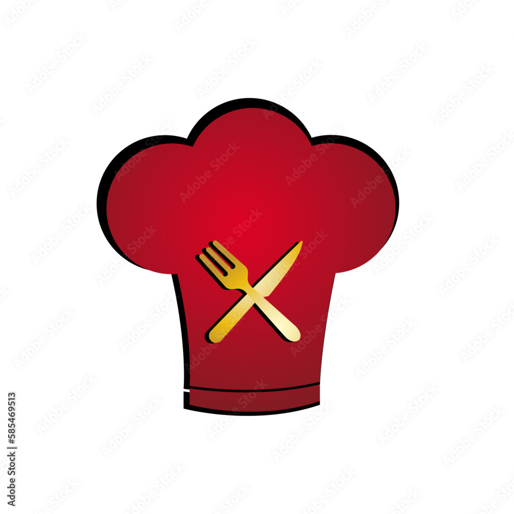 Red chef hat and golden fork and knife cross vector illustration logo ...