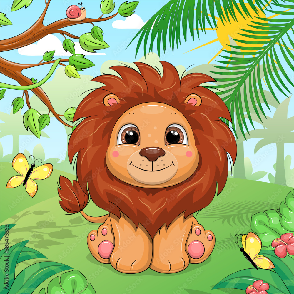 Cute cartoon lion in nature. Vector illustration of an animal in a ...