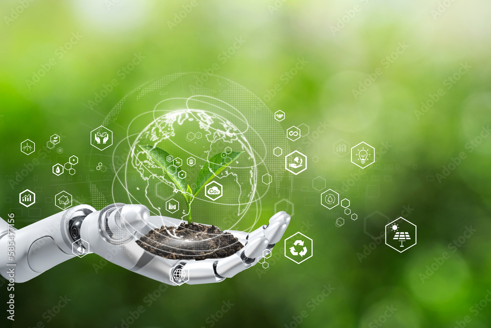 Sustainable development goal (SDGs) concept. Robot hand holding small plants with Environment ...